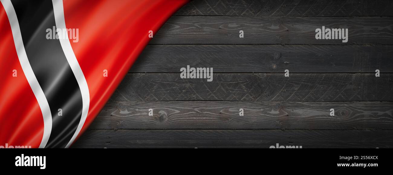 Trinidad And Tobago flag on black wood wall. Horizontal panoramic ...