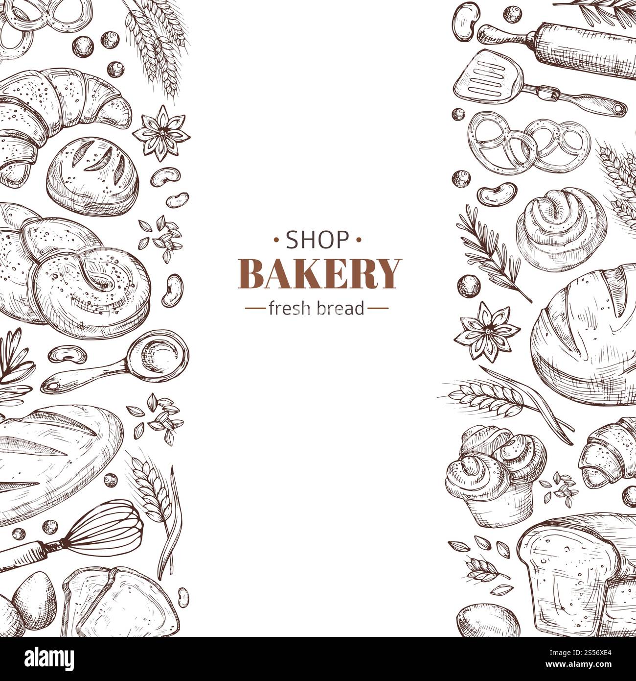 Bakery vector retro background with hand drawn doodle bread ...