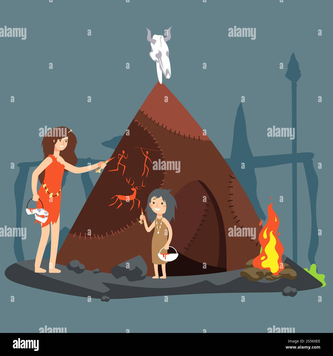 Stone age vector illustration. Cartoon neolithic woman and girl drawing ...