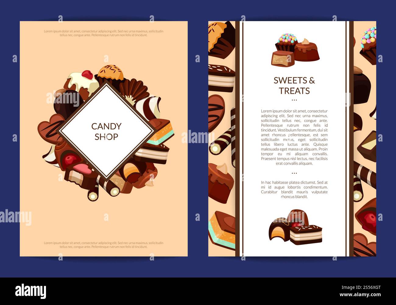 Vector card or flyer templates set with cartoon chocolate candies and ...