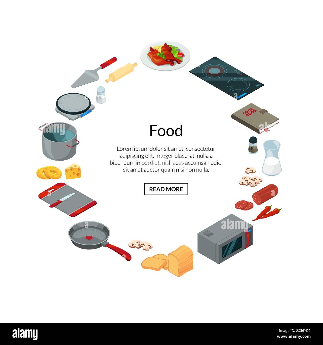 Vector cooking food isometric objects in circle form with place for ...