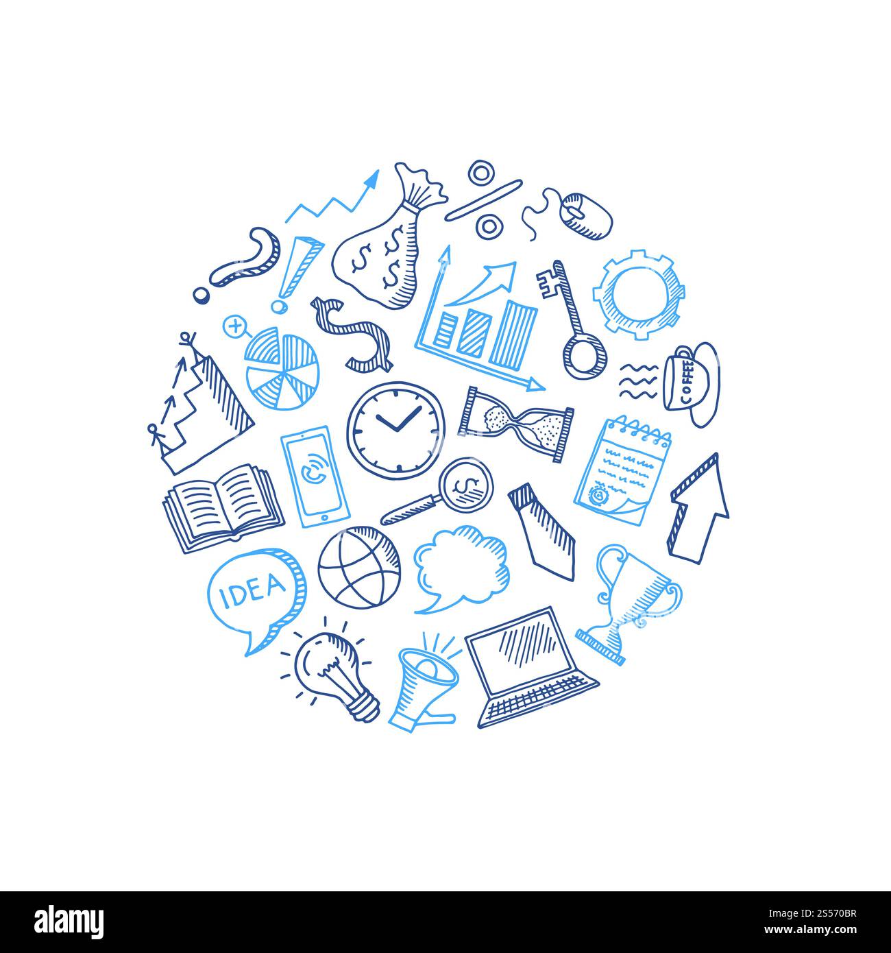 Vector business doodle icons in circle shape illustration isolated on ...