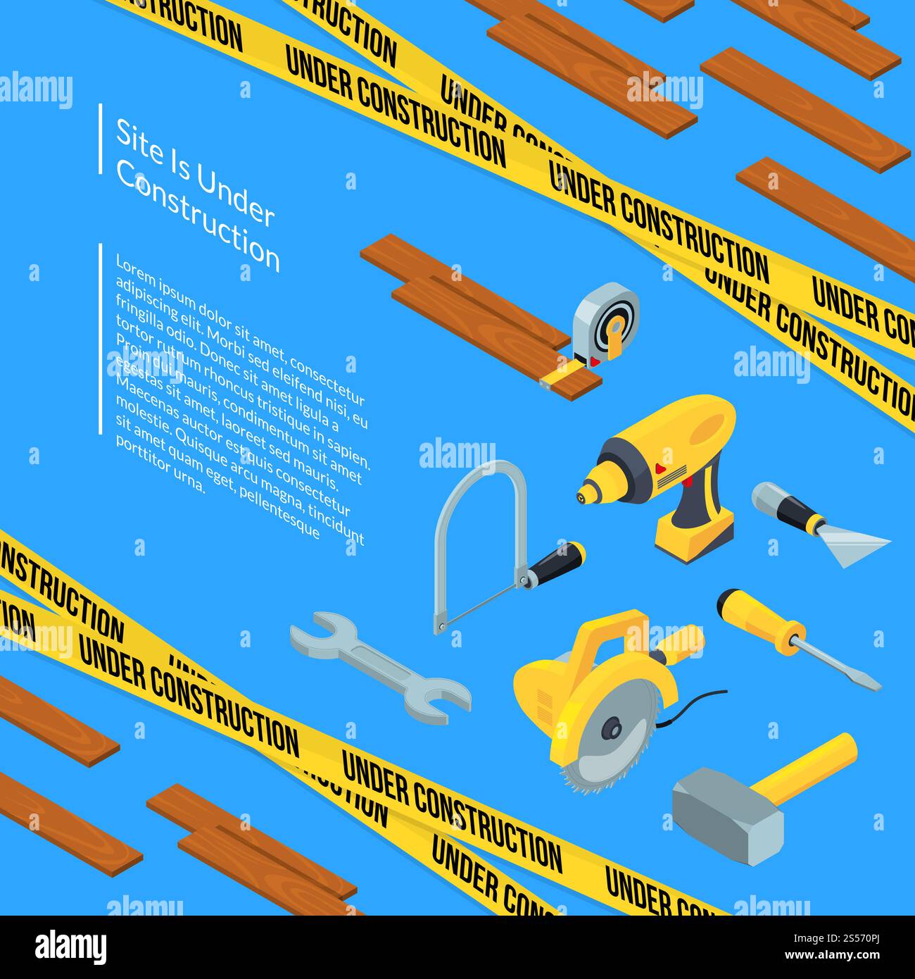 Vector under construction tools isometric icons background with ribbons ...