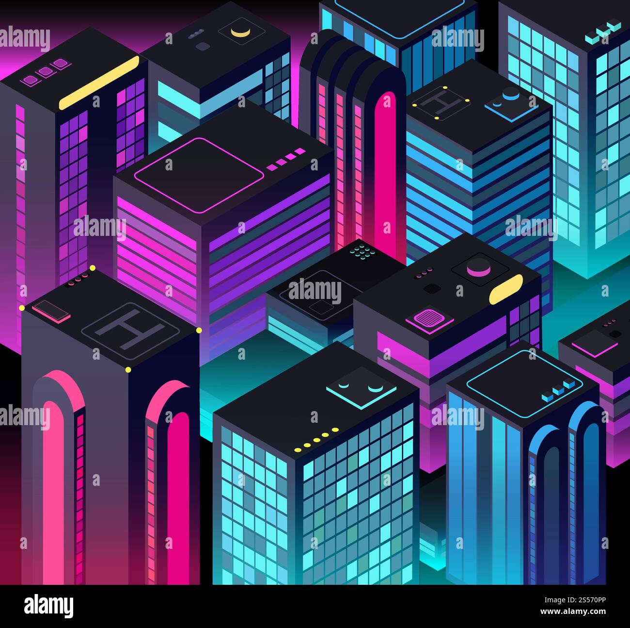 Isometric night city. 3d illuminated buildings. Future urban landscape ...
