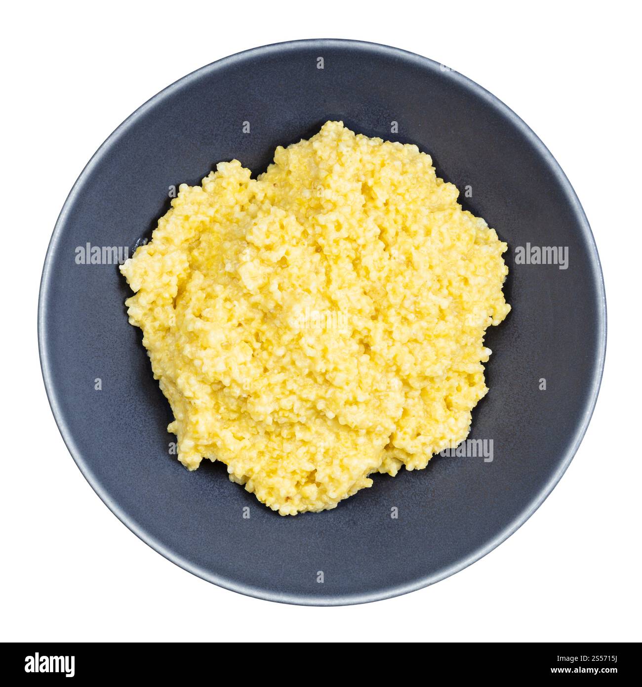 top view of cooked porridge from proso millet in gray bowl isolated on ...