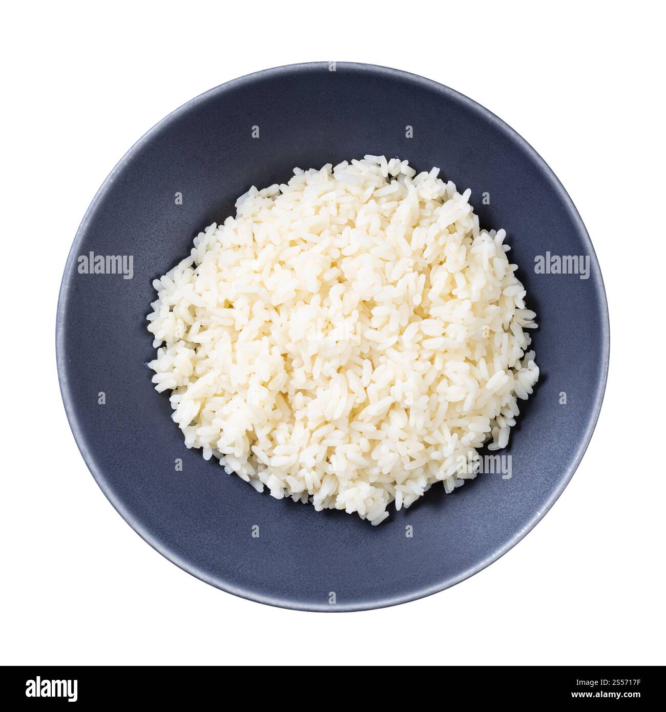 top view of boiled parboiled rice in gray bowl isolated on white ...