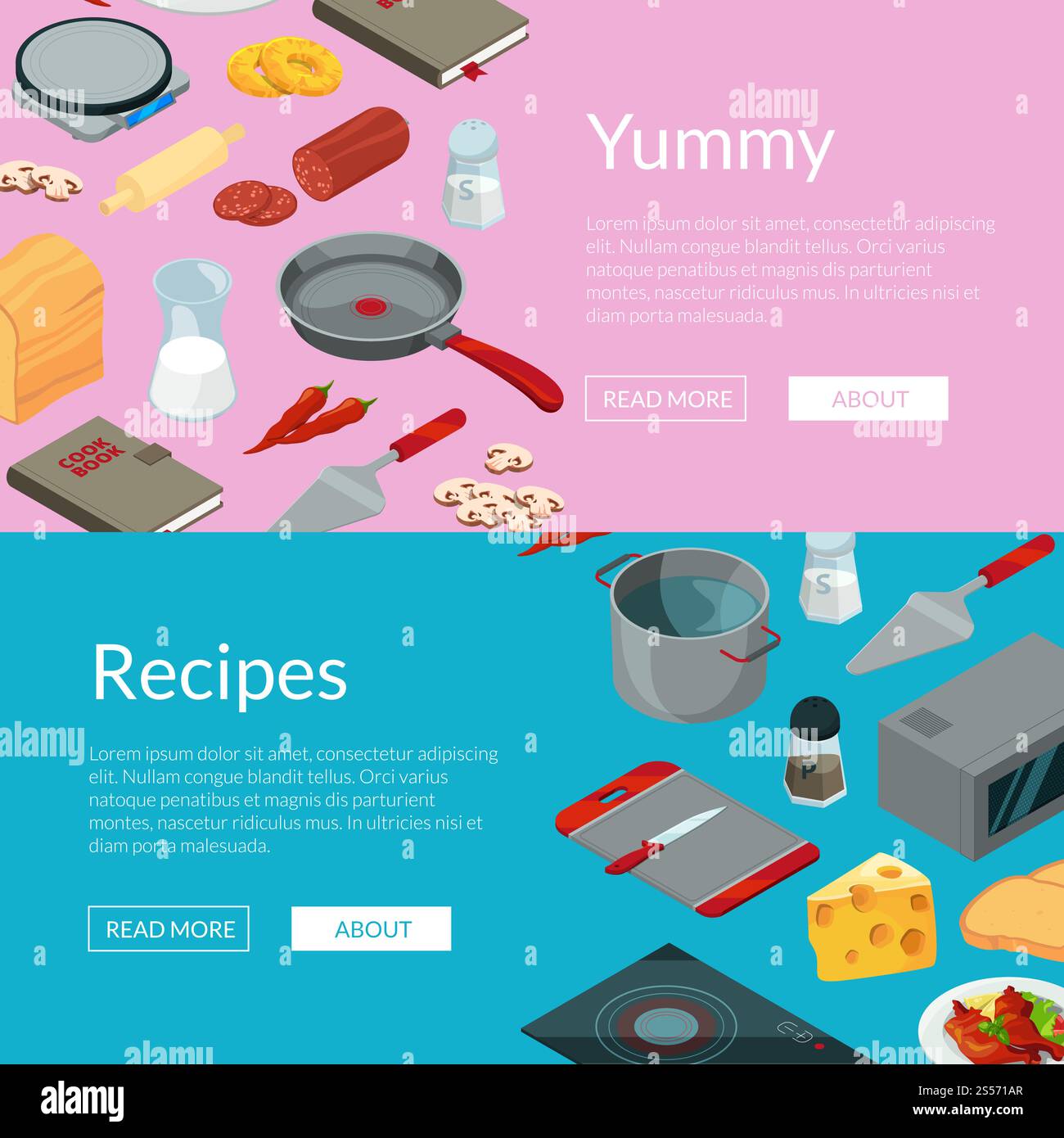 Vector cooking food isometric objects horizontal web banners and poster ...