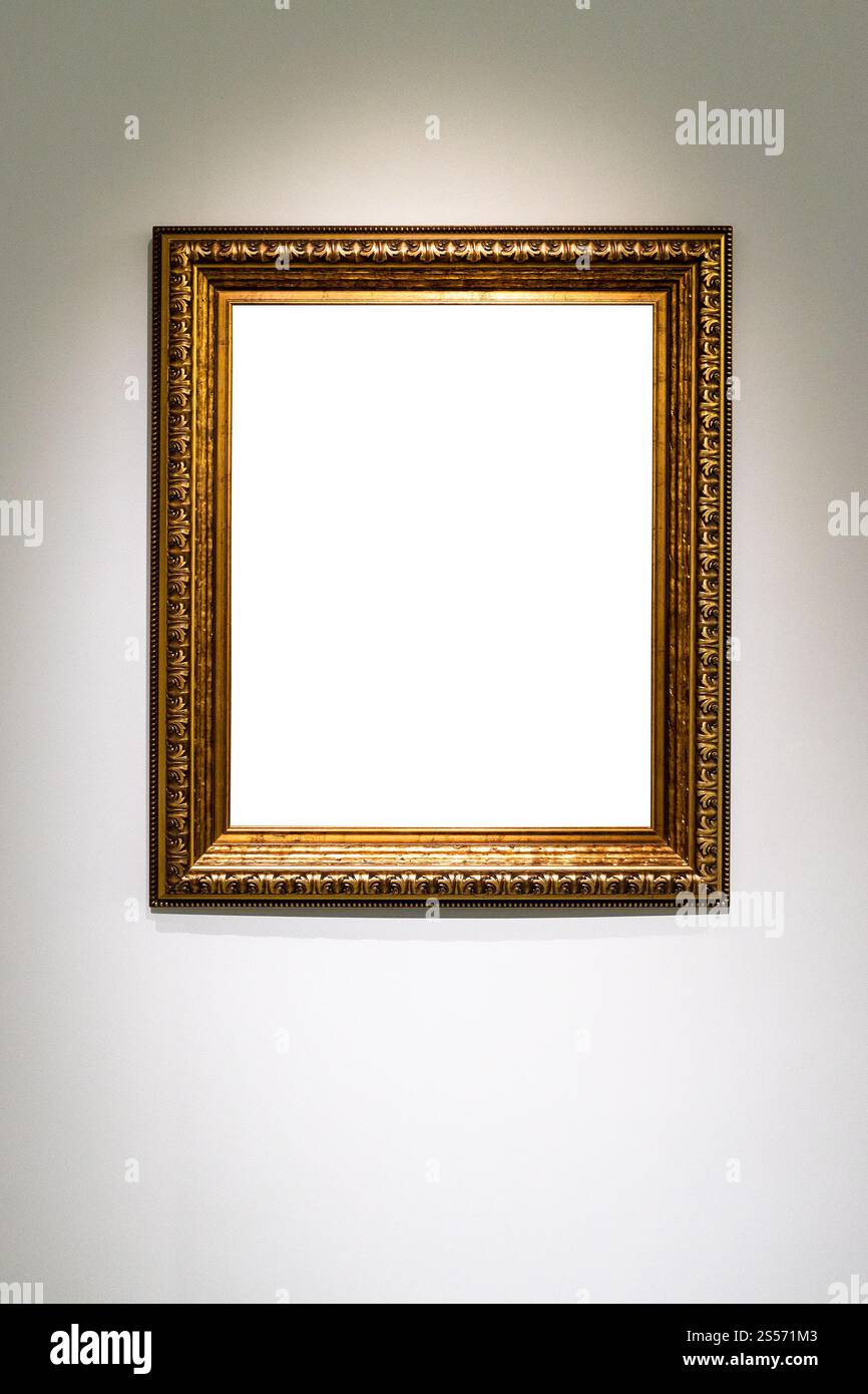 old vertical classic wide golden picture frame with cutout canvas on ...