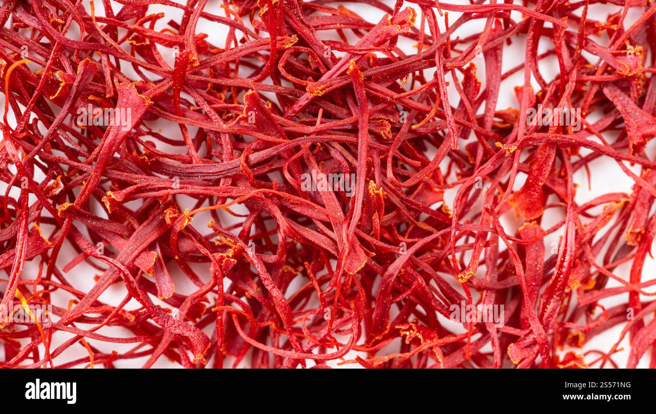 panoramic food background - many natural crocus saffron threads Stock ...