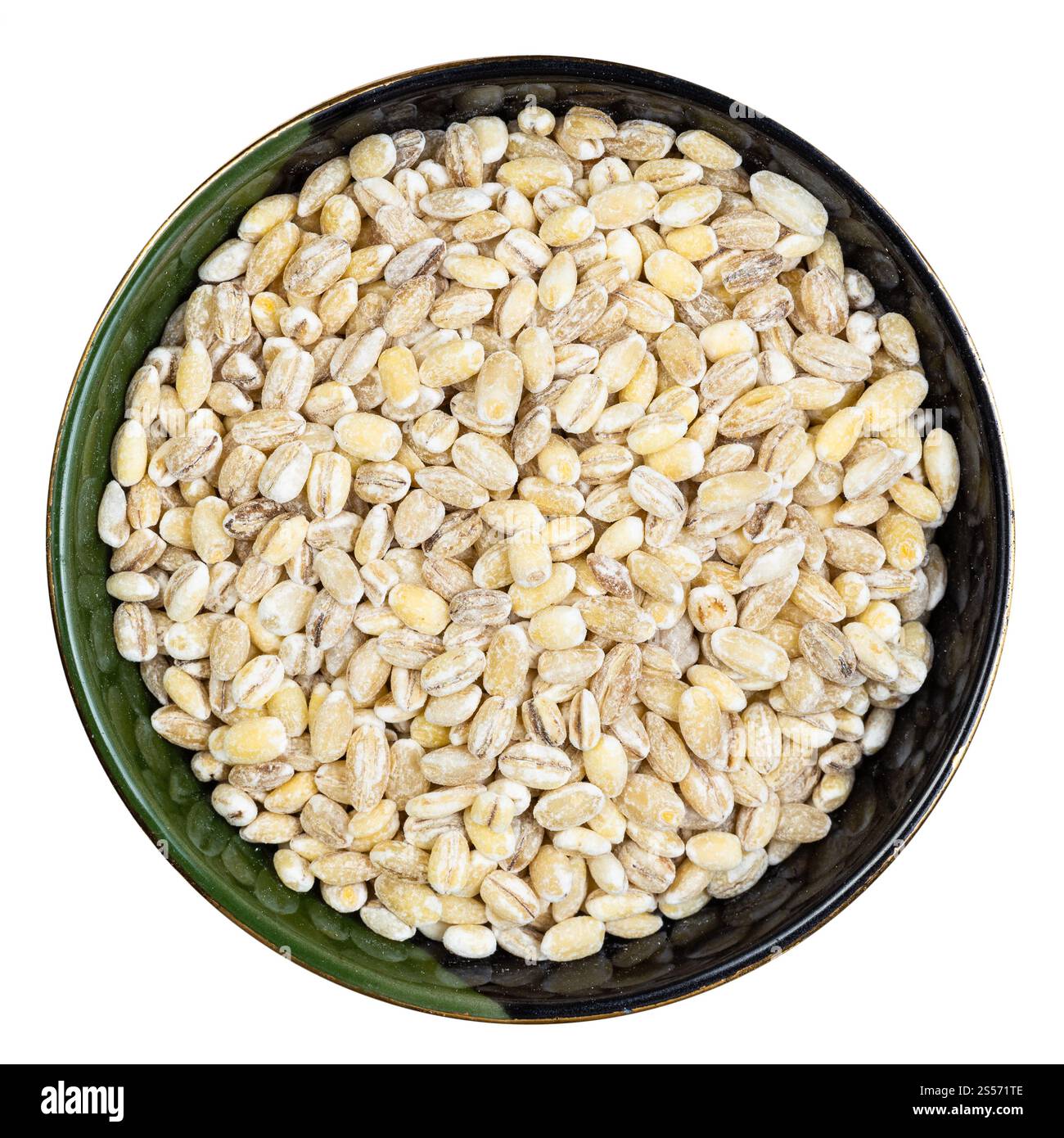 top view of pearled barley grains in round bowl isolated on white ...