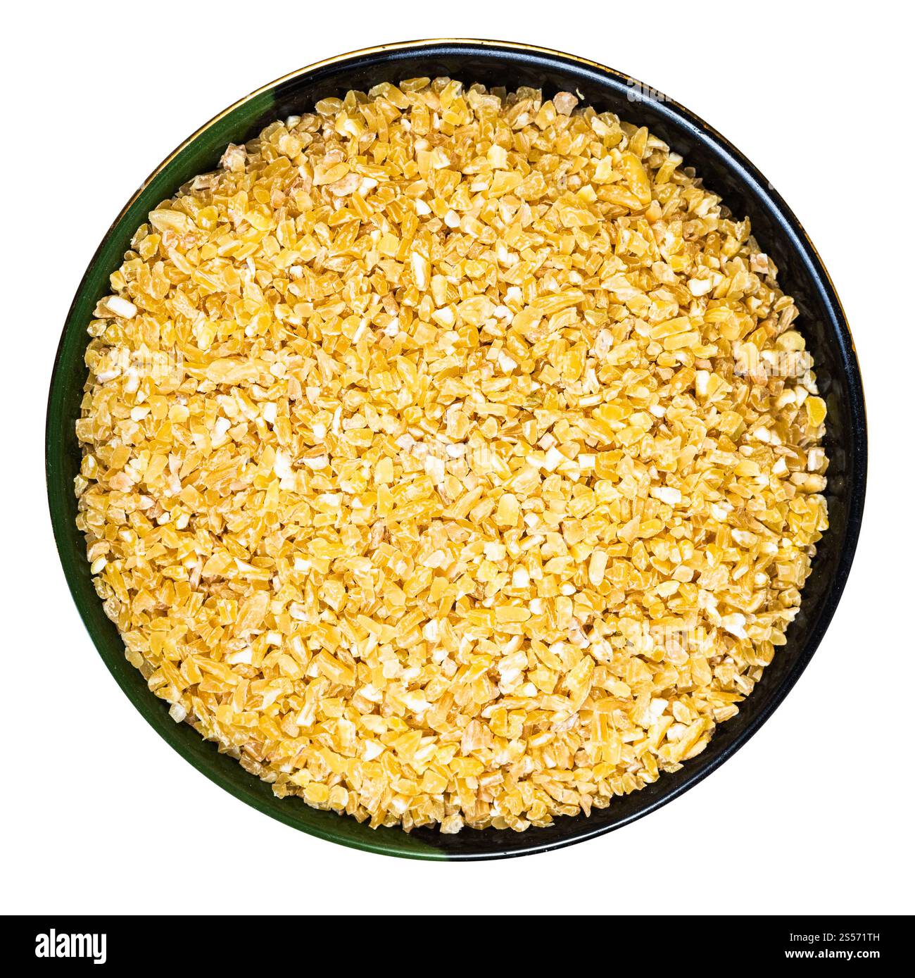 top view of crushed polished wheat grains in round bowl isolated on ...