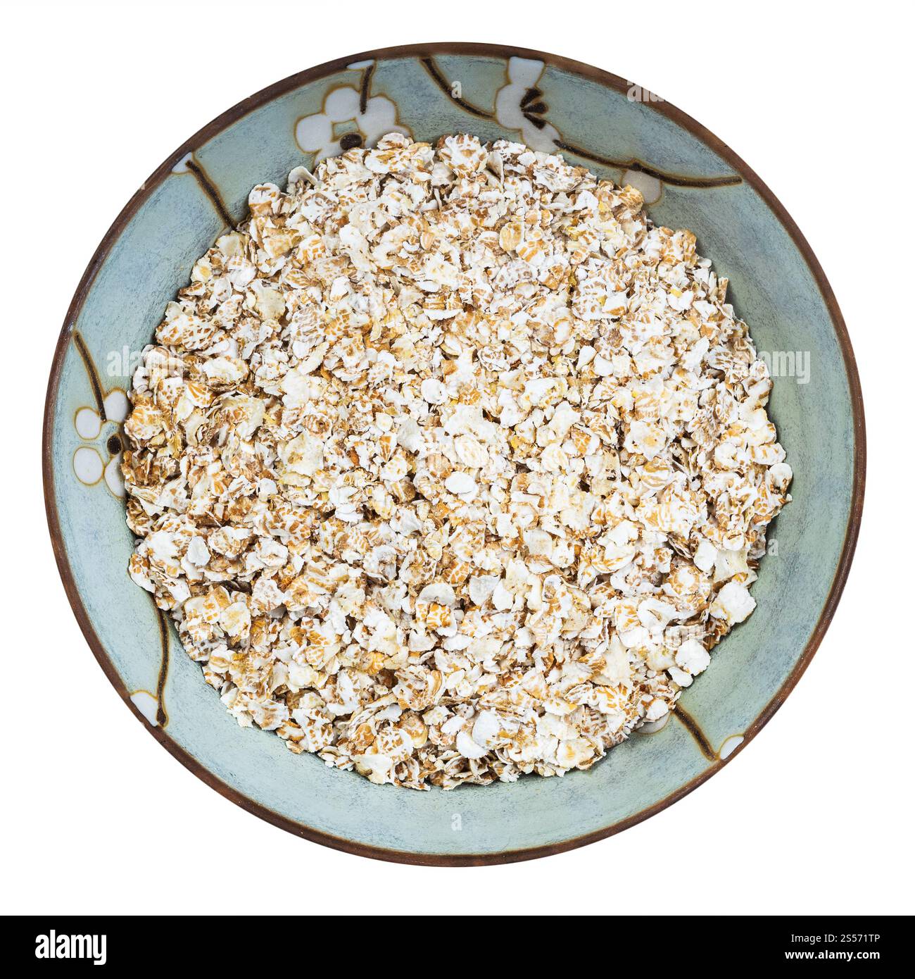 top view of 4-cereal flakes in round bowl isolated on white background ...