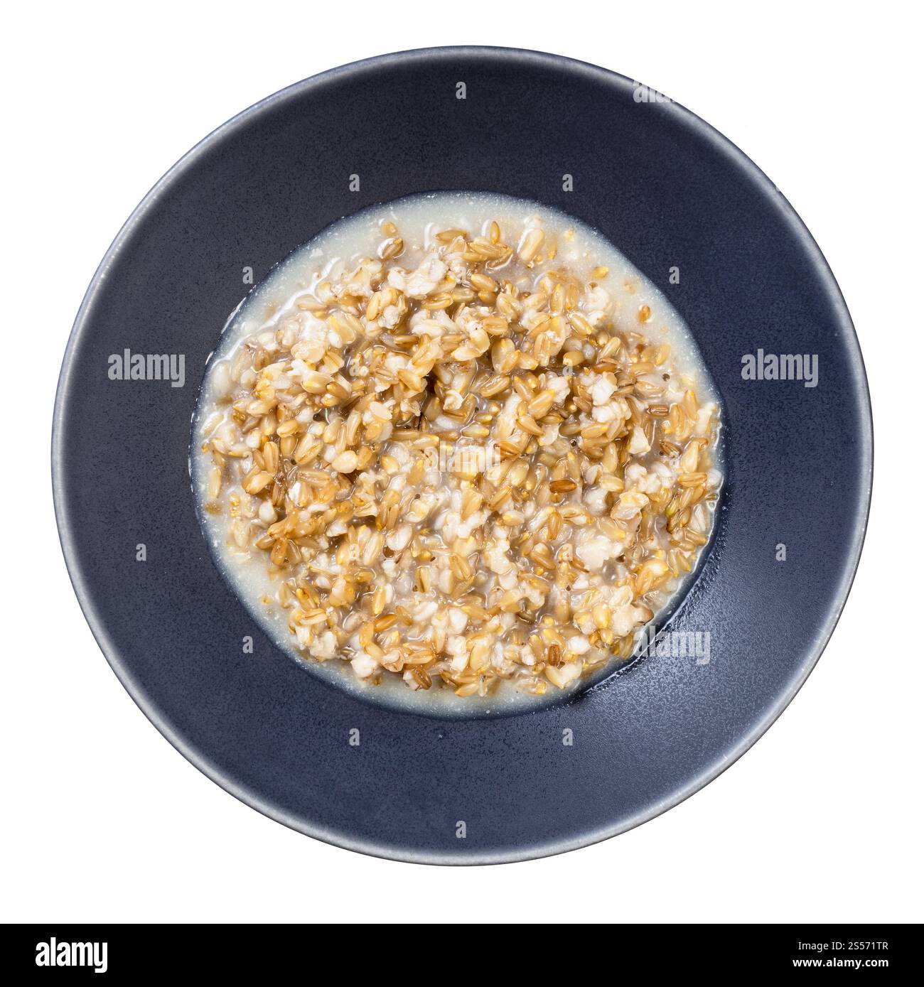 top view of cooked porridge from wholegrain oat in gray bowl isolated ...
