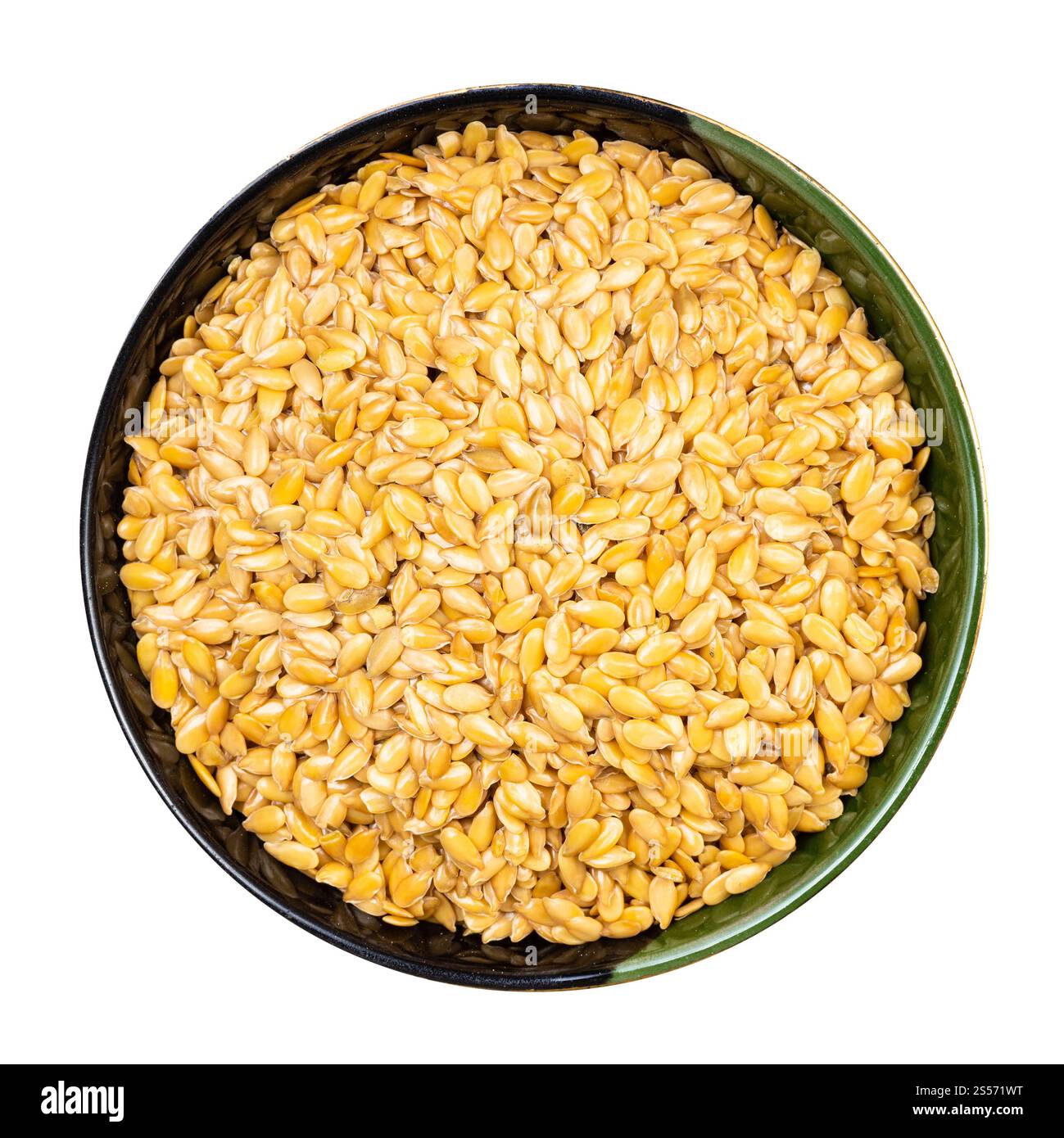 top view of golden flax seeds in round bowl isolated on white ...