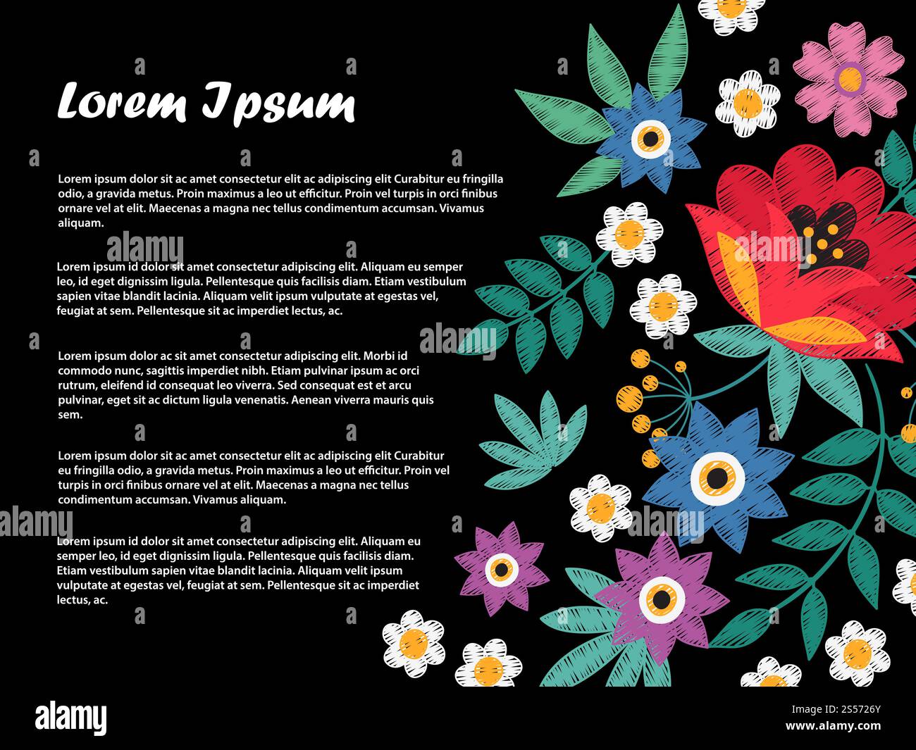 Embroidery style flowers and branches banner or poster background ...