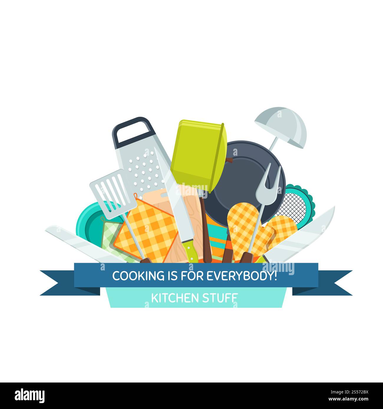 Vector kitchen utensils flat icons under ribbon illustration isolated ...
