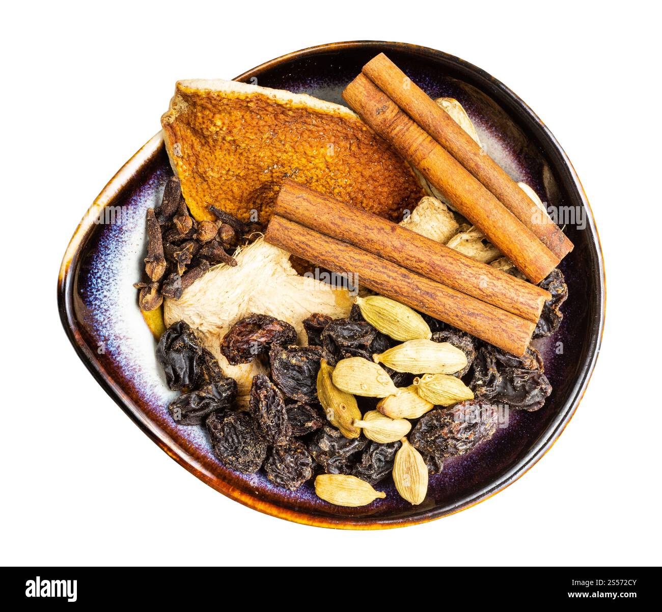 top view of dried Mulling spices in ceramic bowl isolated on white ...