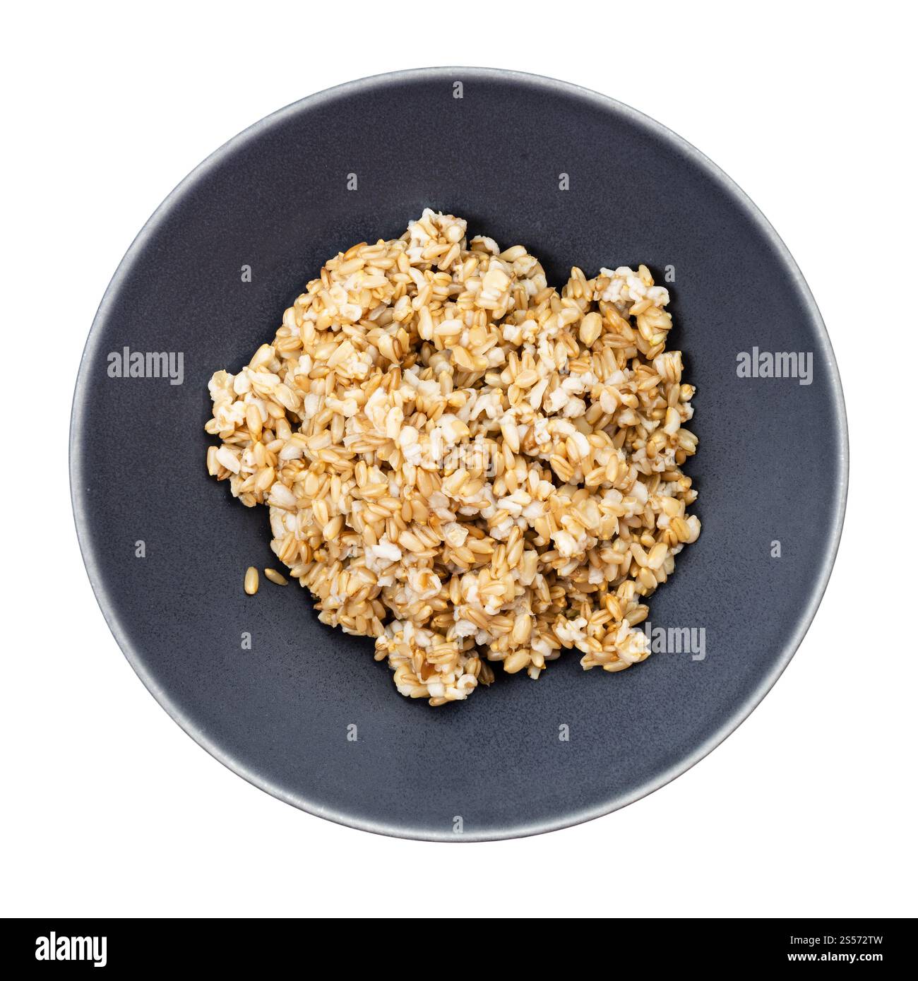 top view of cooked porridge from whole-grain oat in gray bowl isolated ...