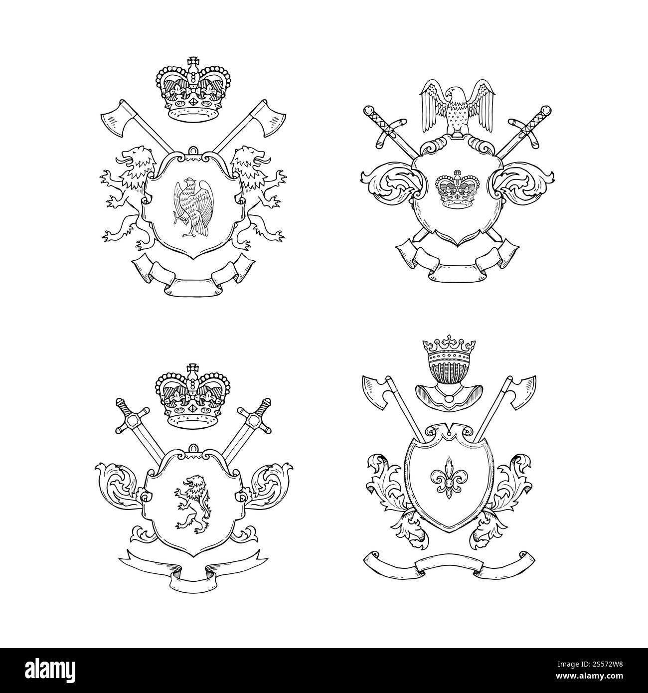 Vector set of hand drawn line heraldics badge illustration isolated on ...