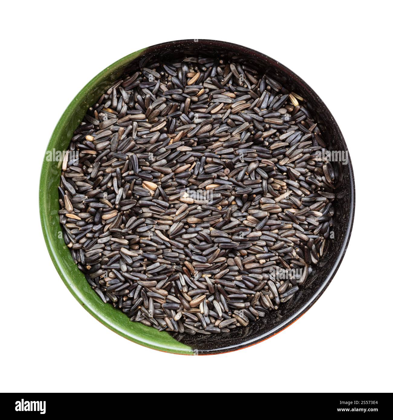 top view of whole-grain niger seeds (Guizotia Abyssinica) in round bowl ...