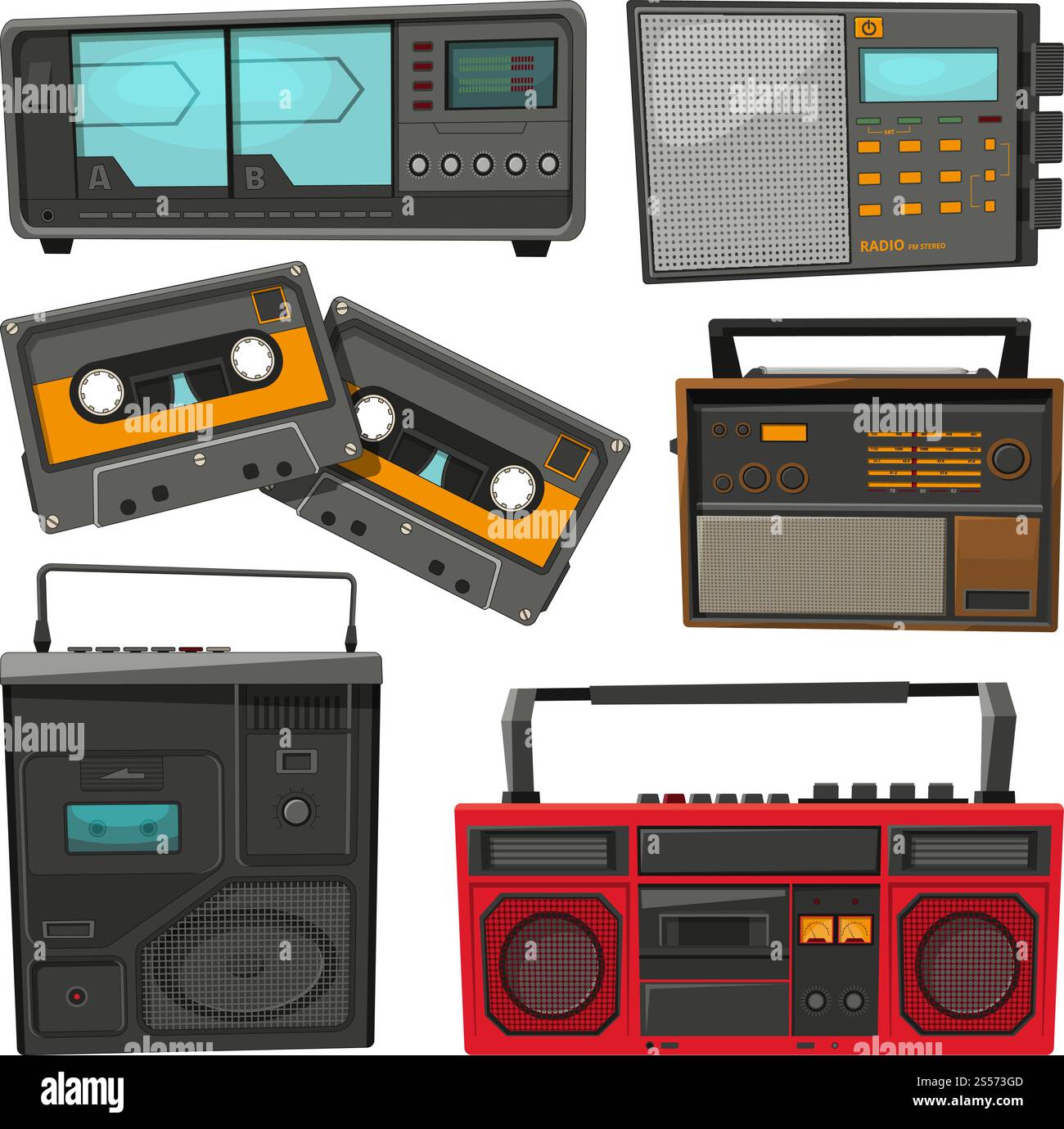 Cartoon illustrations of old music cassette recorders, players and ...