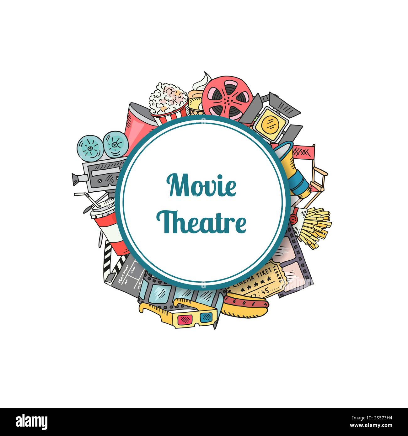 Vector cinema doodle icons under circle with place for text ...