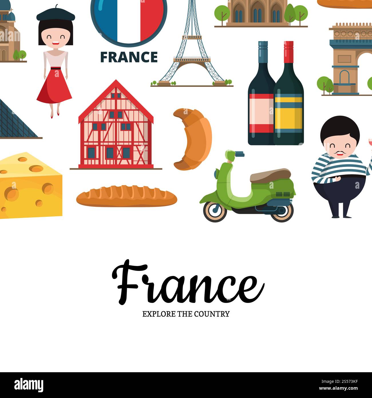 Vector cartoon France sights and objects background with place for text ...