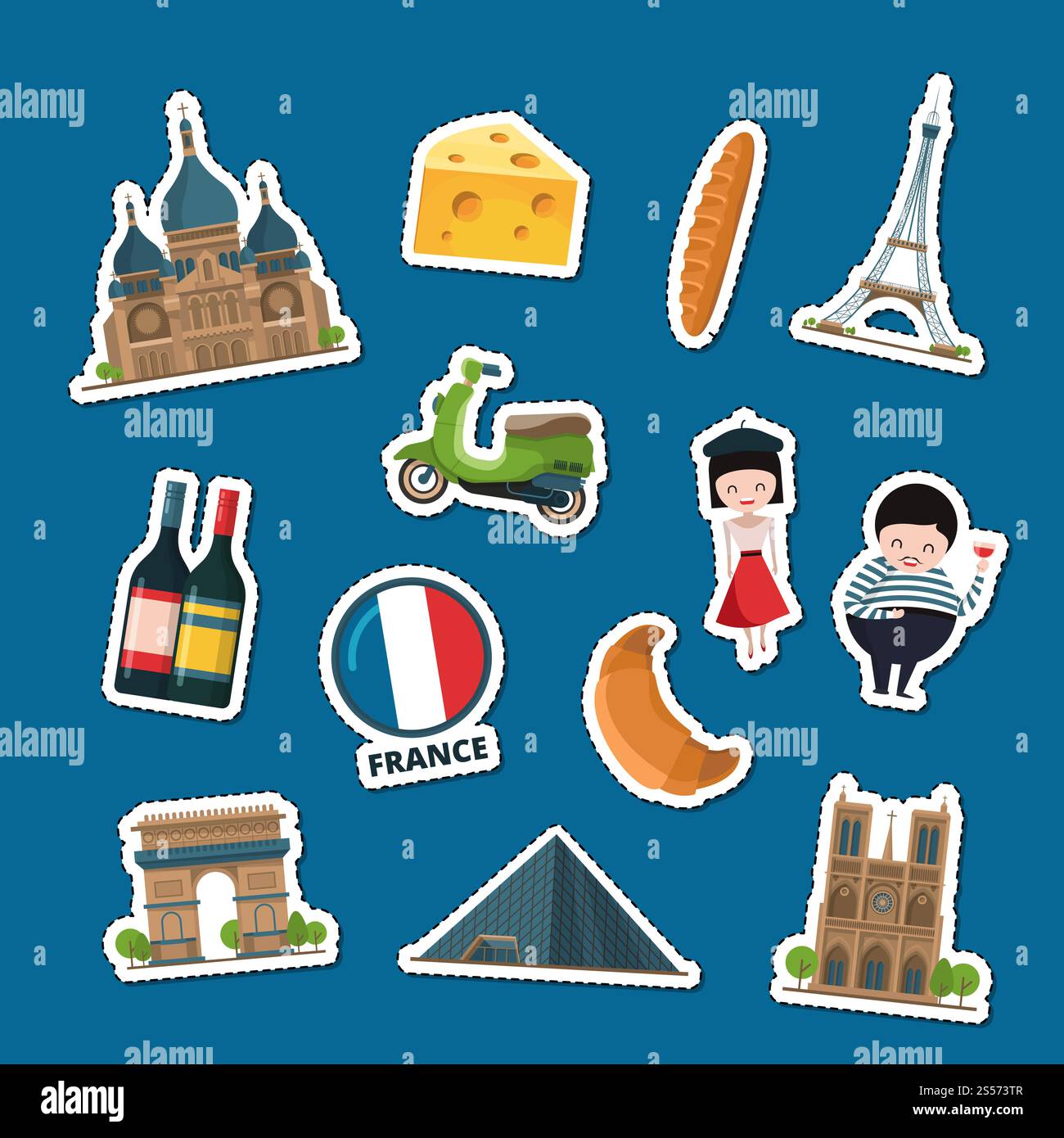 Vector cartoon France sights and objects stickers set illustration ...
