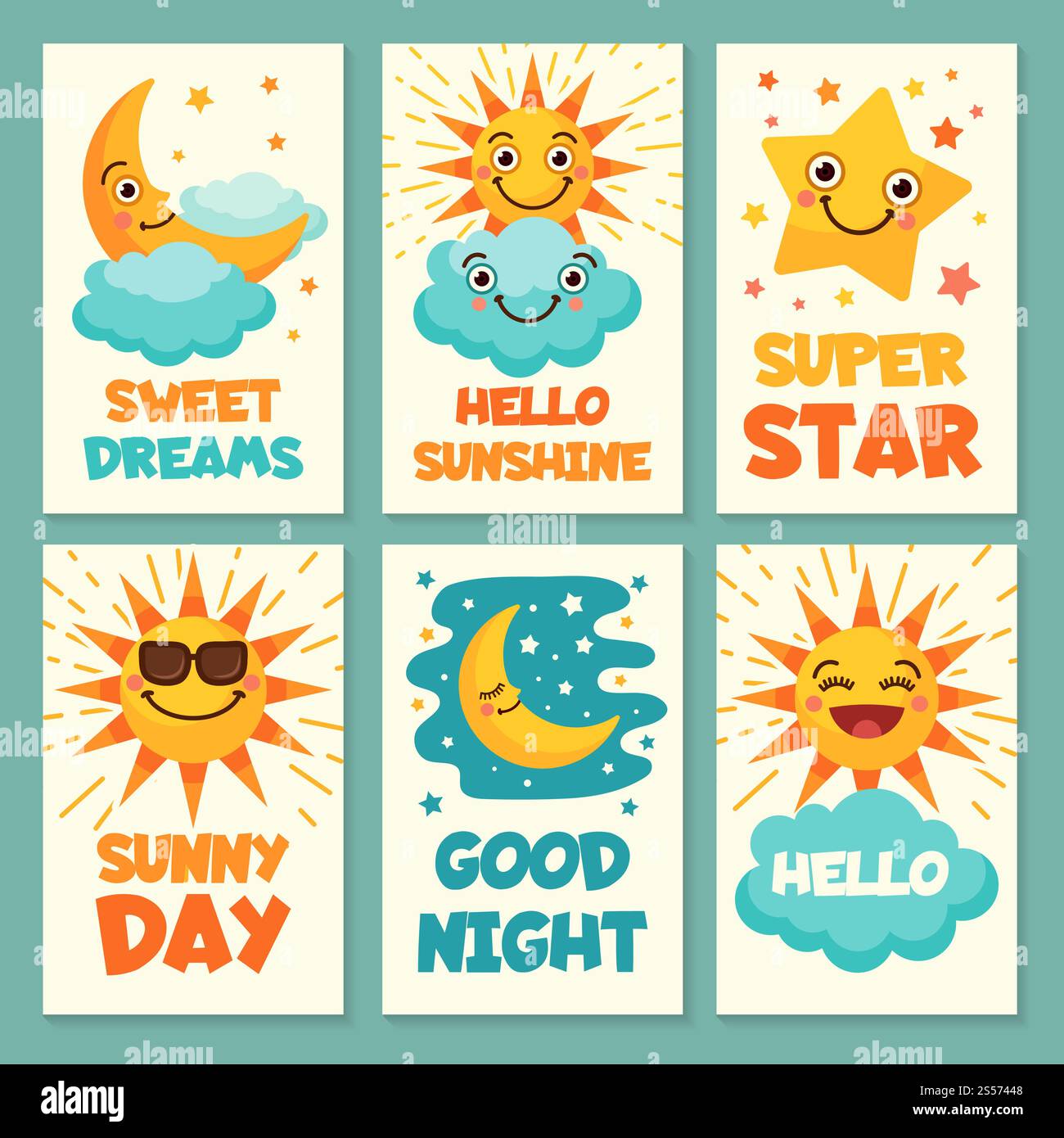 Weather cards with funny cartoon illustrations. Vector sun and cloud ...