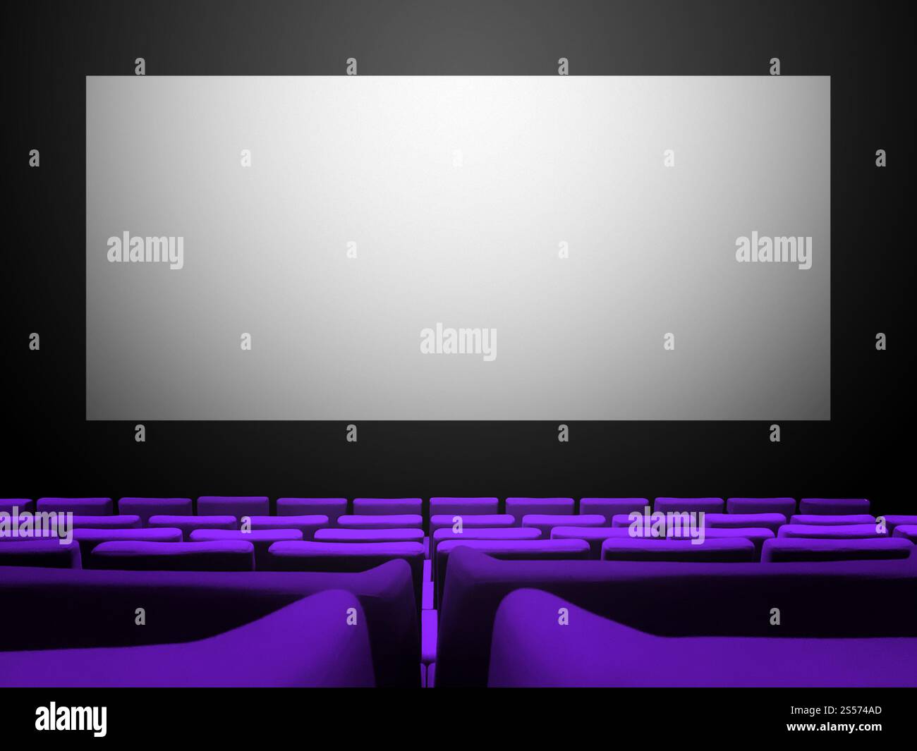Cinema movie theatre with purple velvet seats and a blank white screen ...