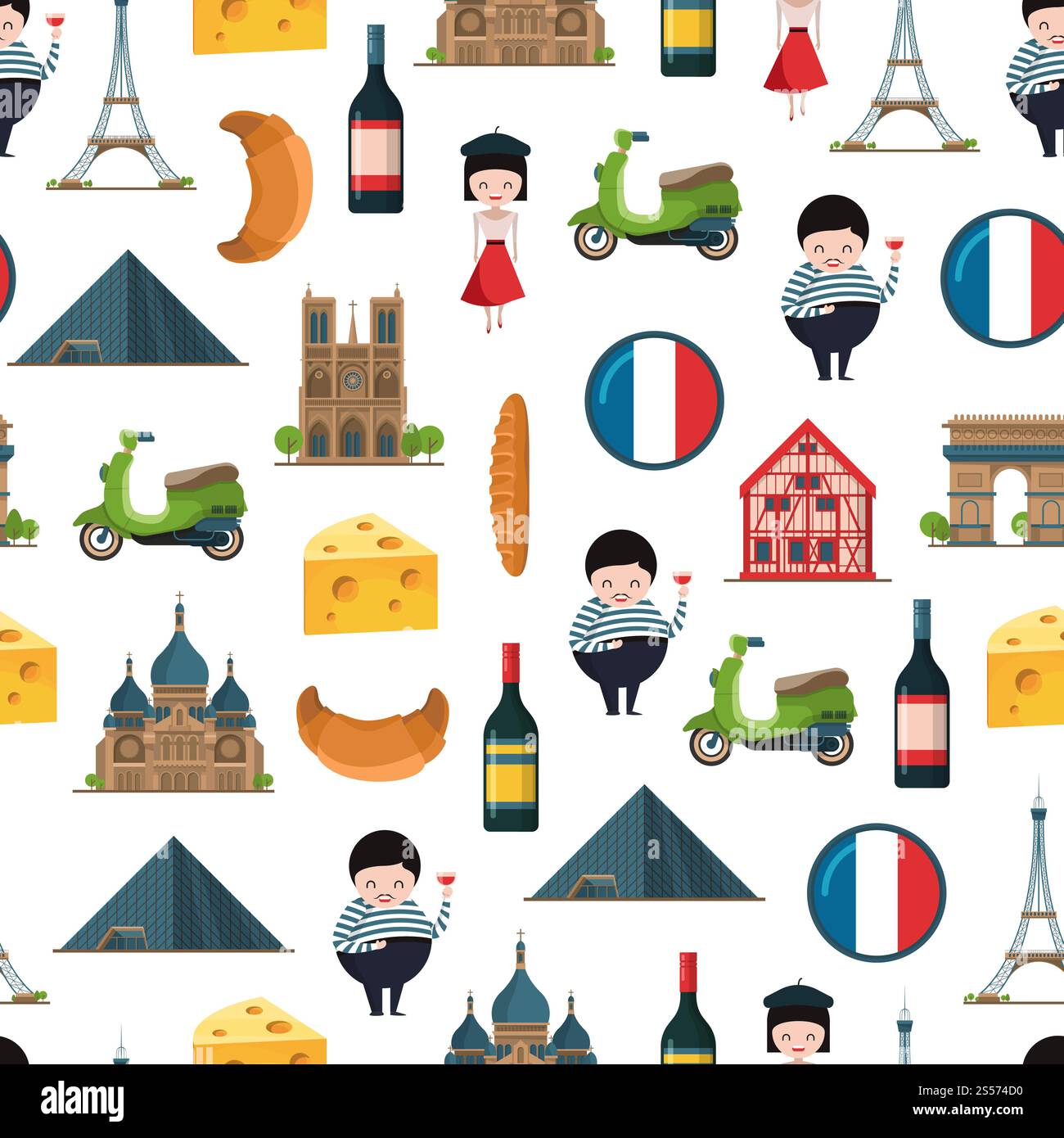 Vector cartoon France sights and objects background or pattern ...