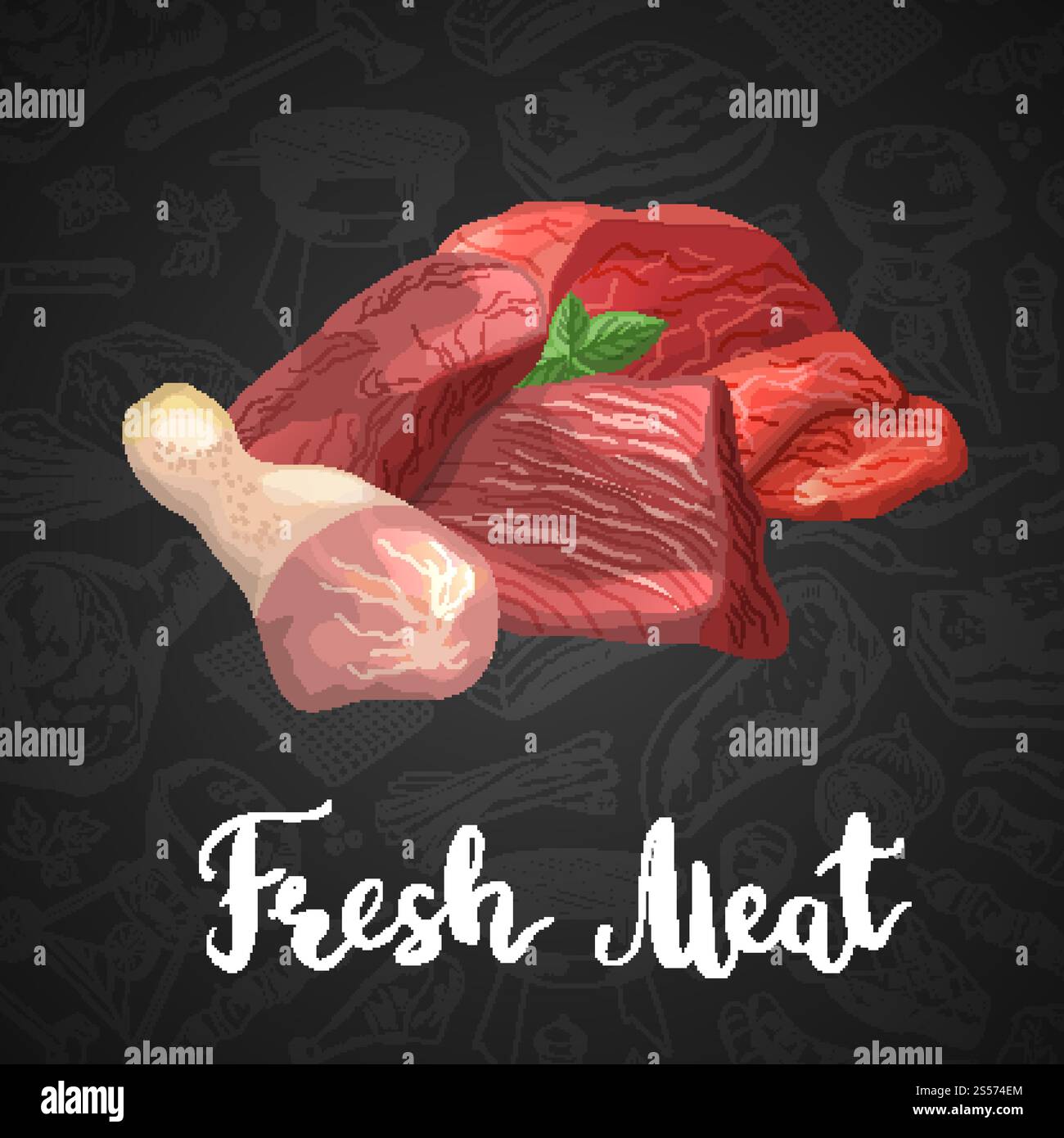 Vector pile of cartoon meat elements background on dark background ...