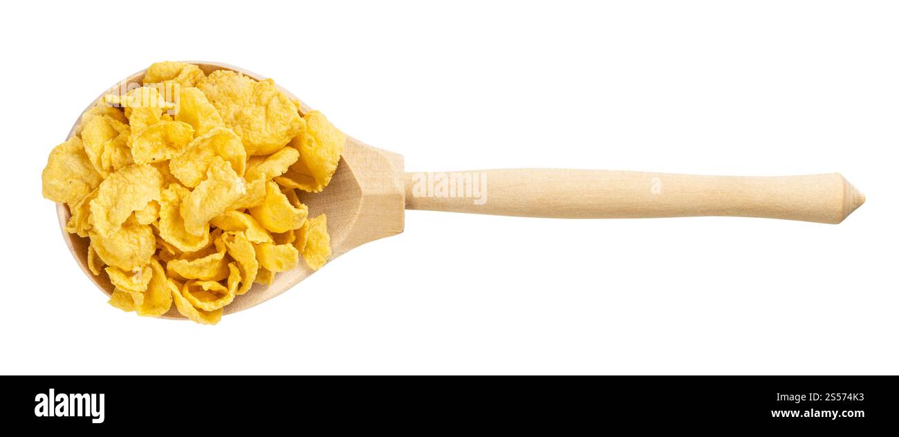 top view of wood spoon with sugar-free corn flakes isolated on white ...