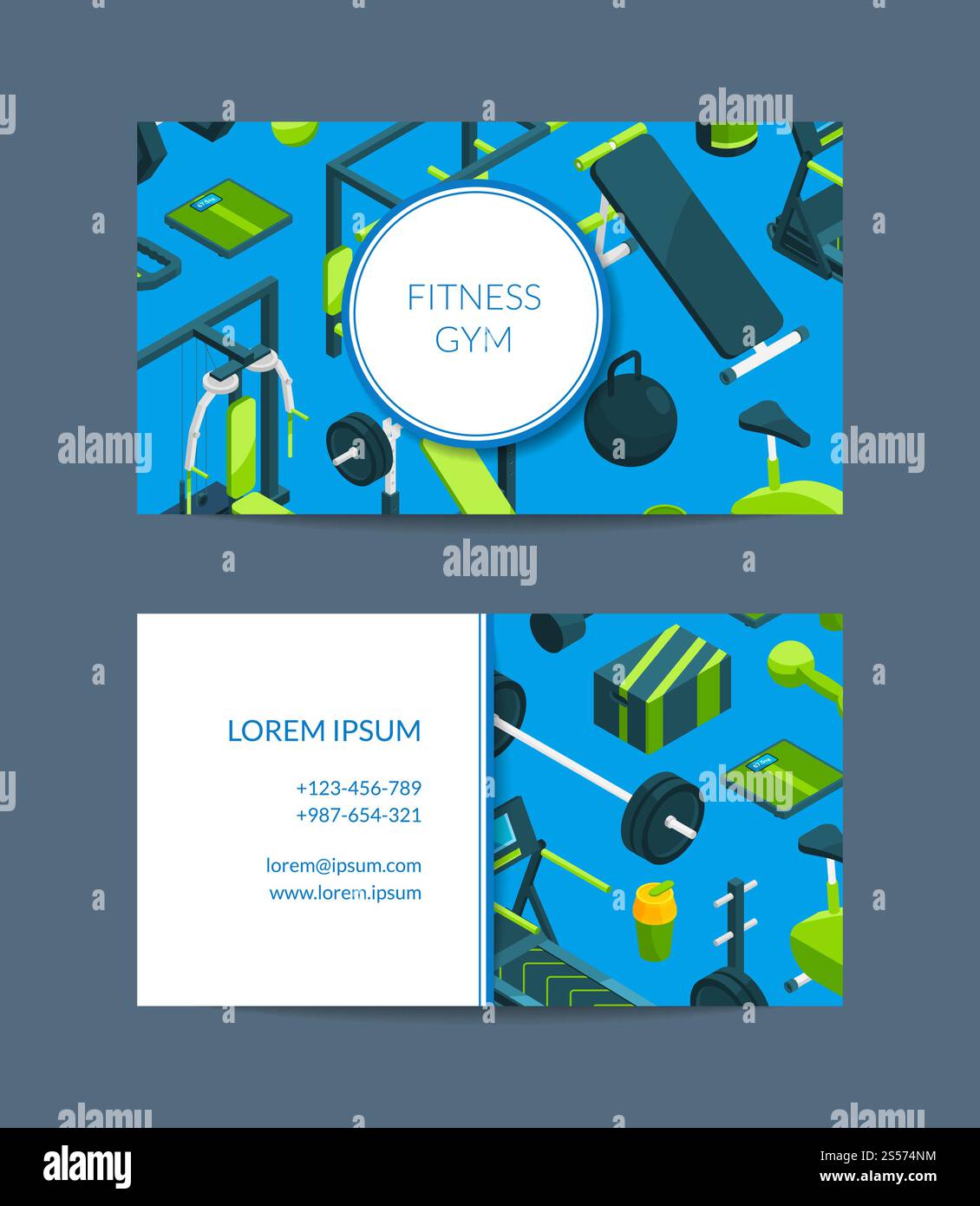 Fitness and sports club cards. Vector isometric gym card objects for ...