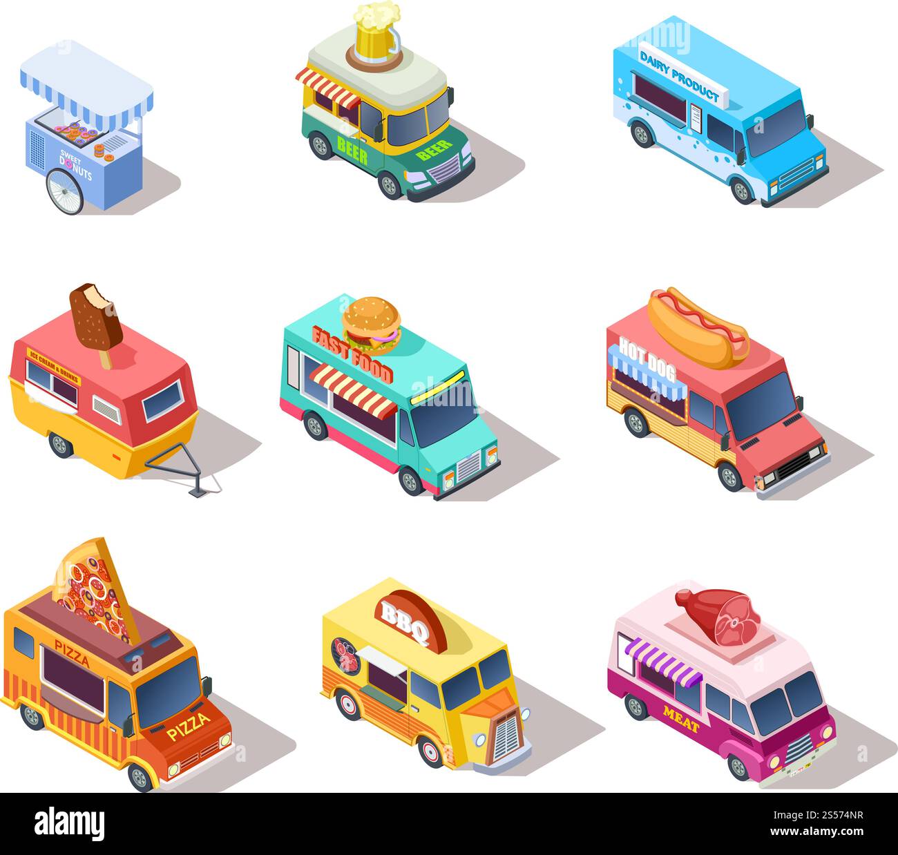 Isometric street food trucks and carts. Selling hot dogs and coffee ...