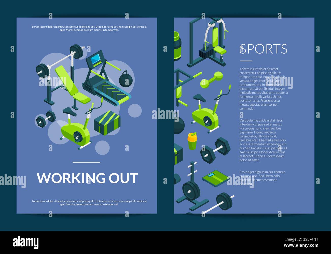 Vector isometric gym objects card, flyer or brochure template ...