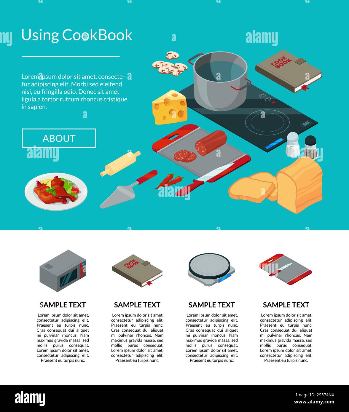 Vector cooking food isometric objects website landing page template ...