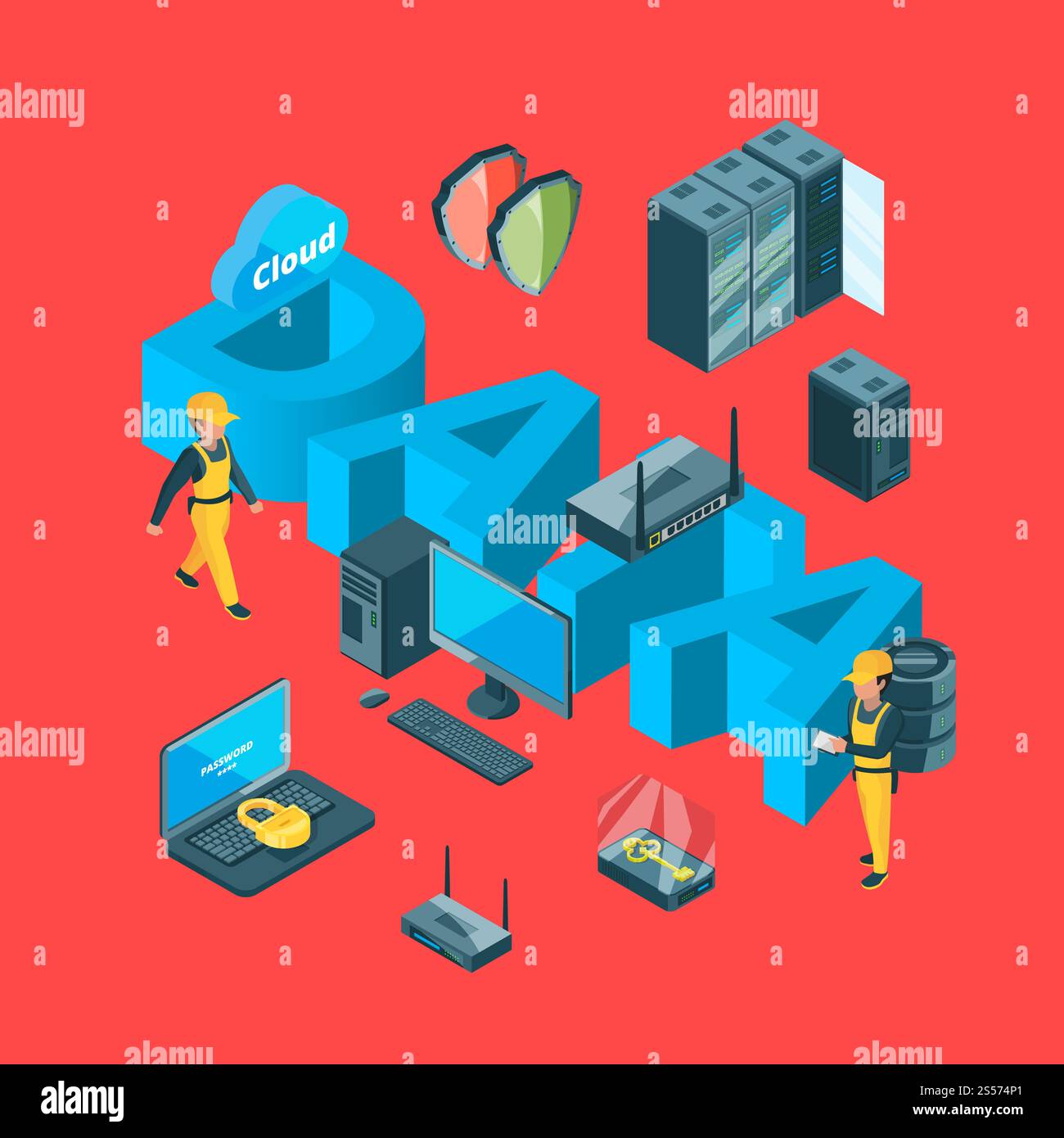 Vector electronic system of data center icons infographic concept illustration. System ...