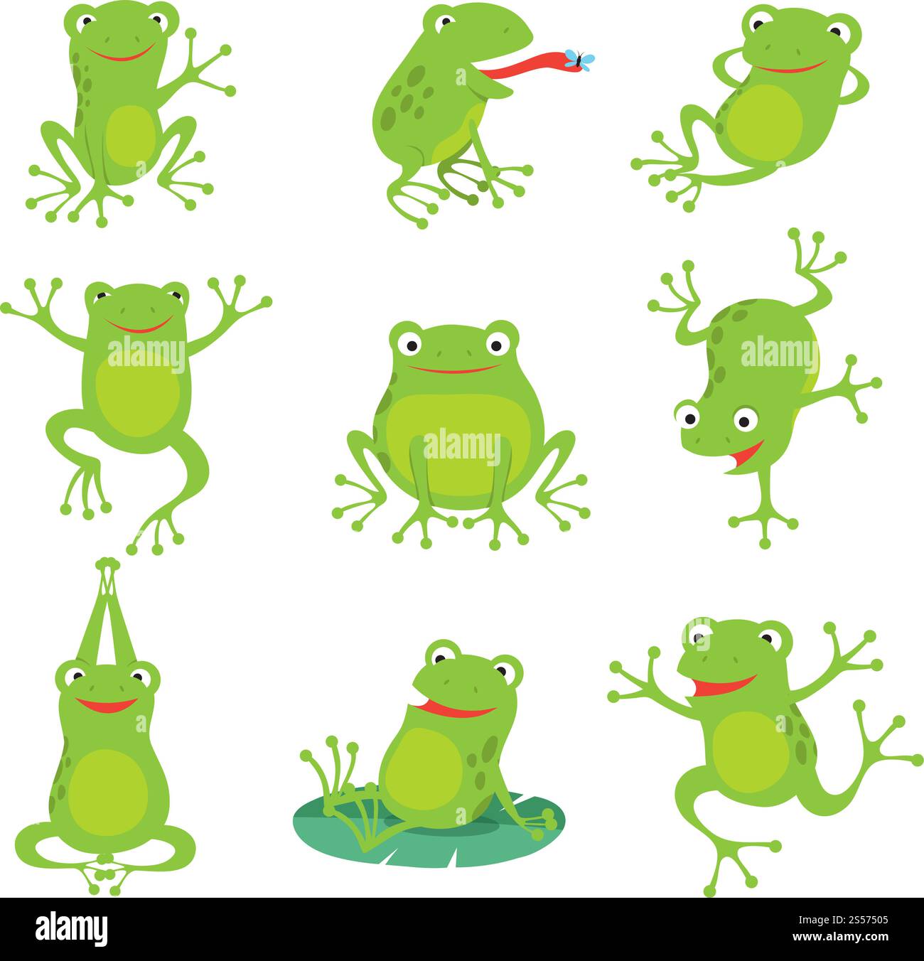 Cute cartoon frogs. Green croaking toad on lotus leaves in pond. Vector ...