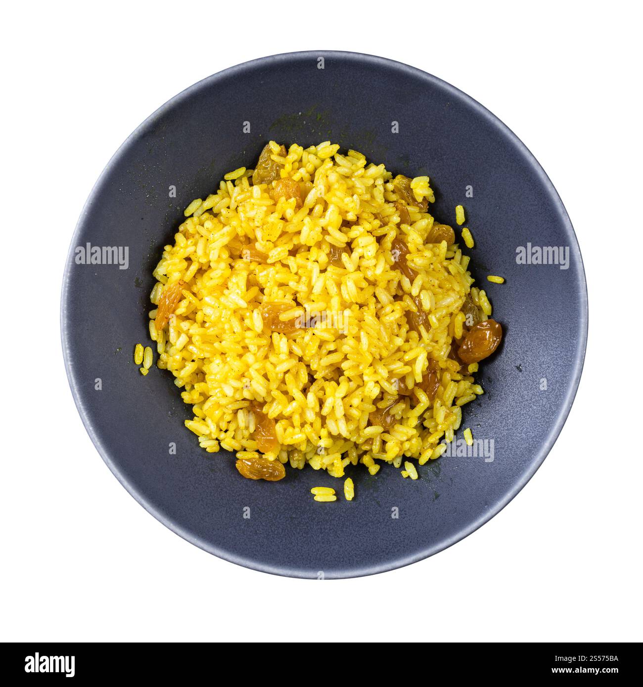 top view of cooked sweet yellow rice porridge with turmeric and raisins ...