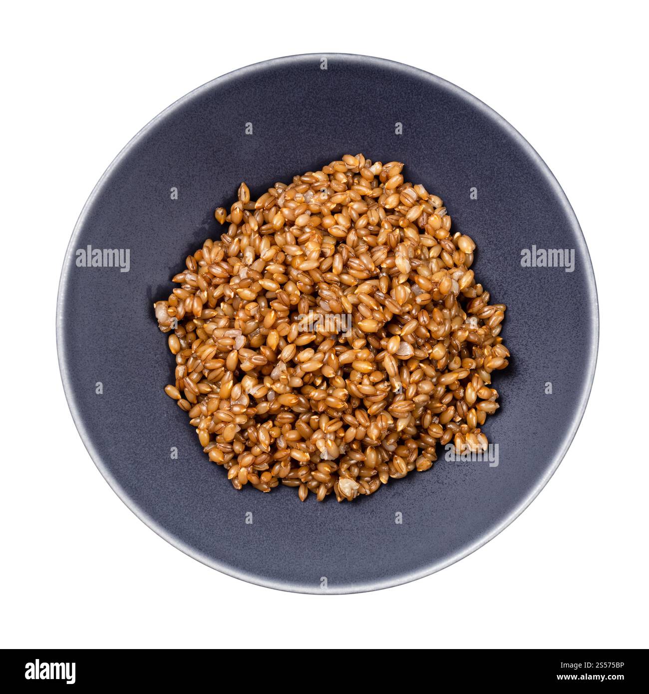 top view of cooked porridge from whole-grain rye in gray bowl isolated ...