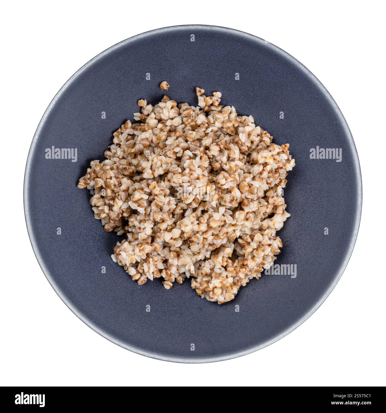 top view of kasha from roasted buckwheat in gray bowl isolated on white ...