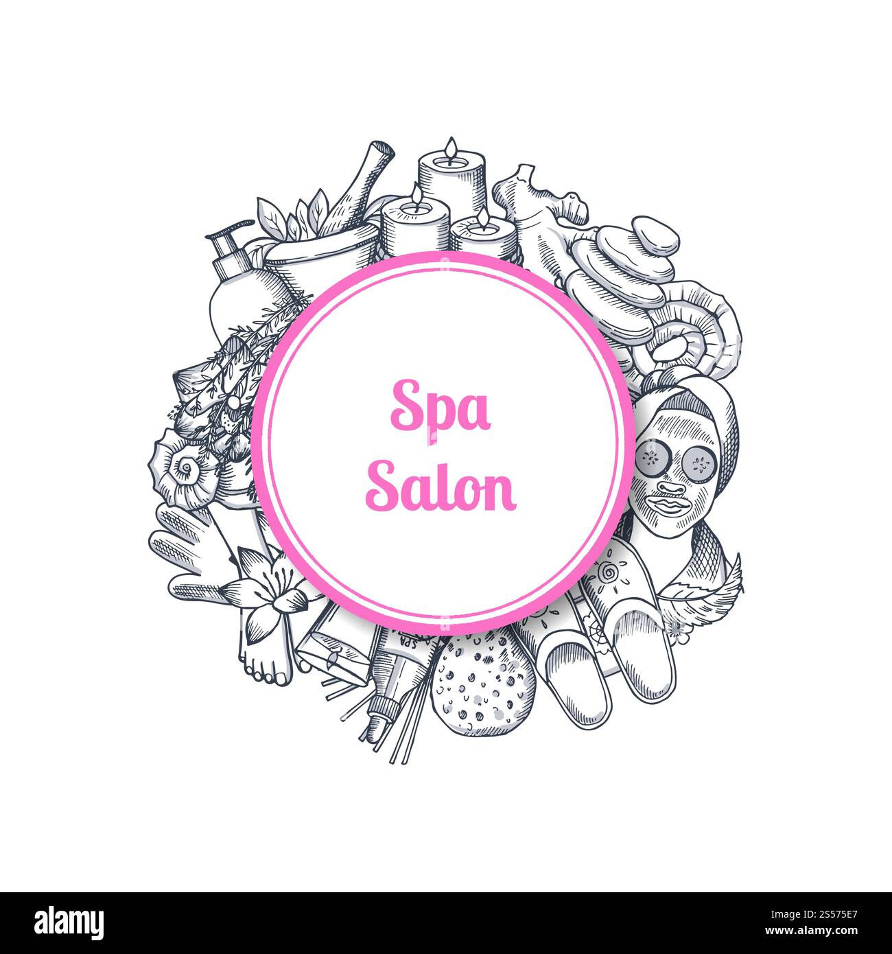 Vector hand drawn spa elements under circle with place for text ...