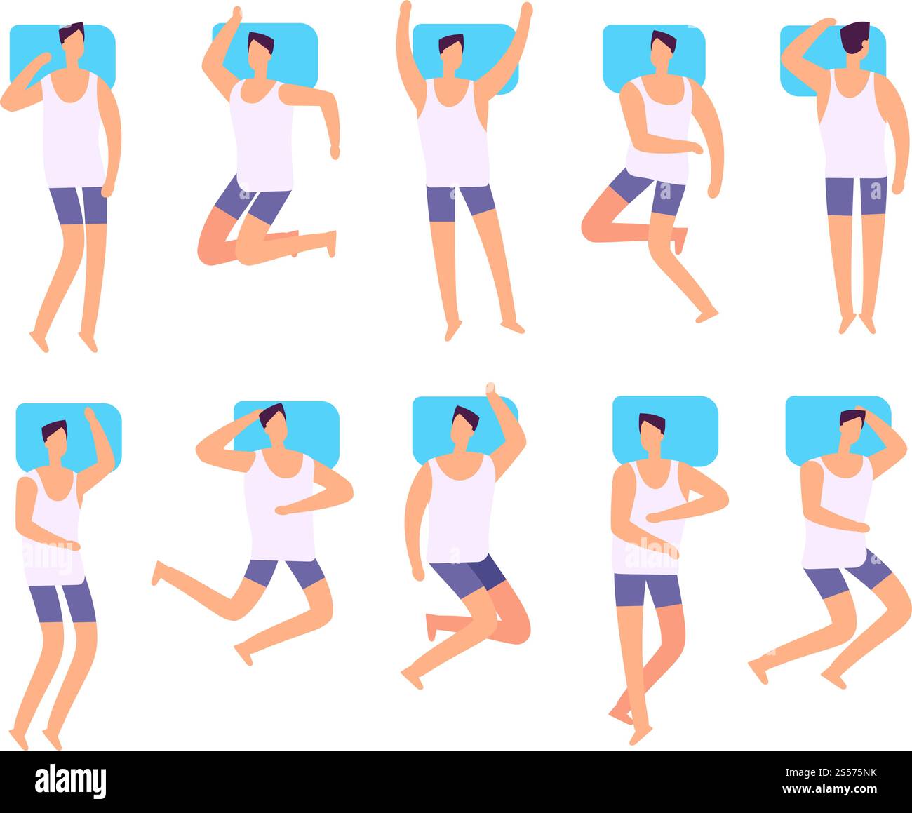 Sleeping man top view. Male sleeps in various postures with pillow in ...