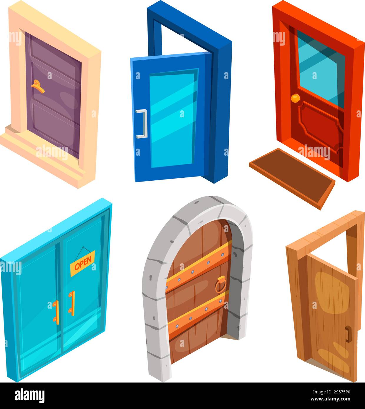 Various isometric pictures of cartoon doors for home entrance ...
