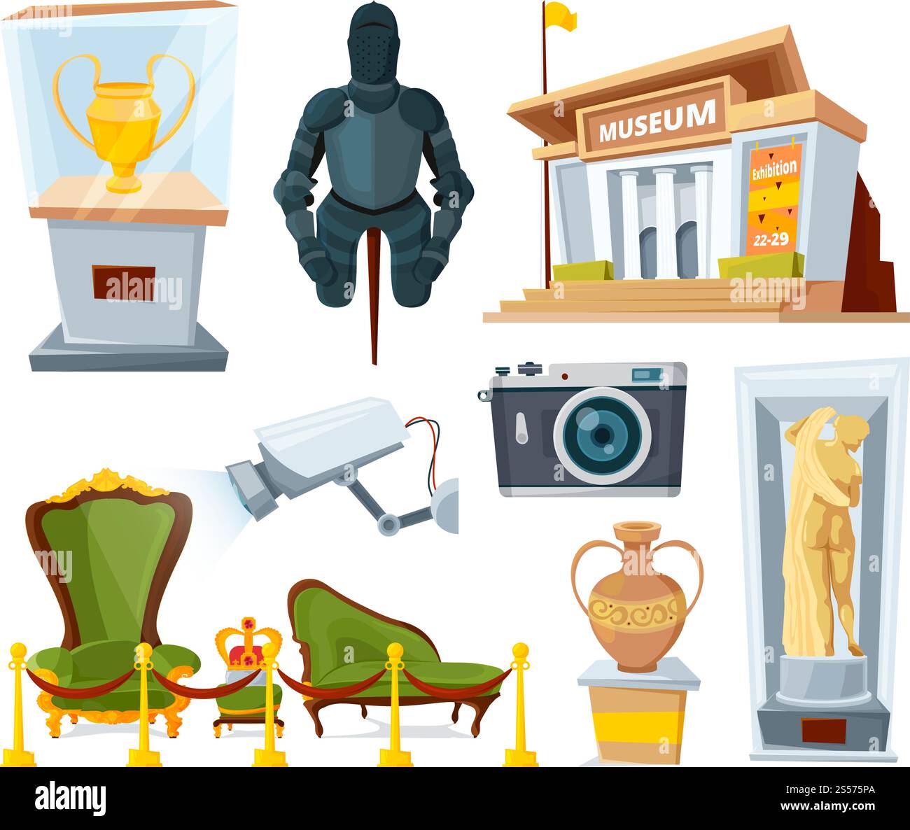 Historical museum with various display exhibit. Vector ancient culture ...