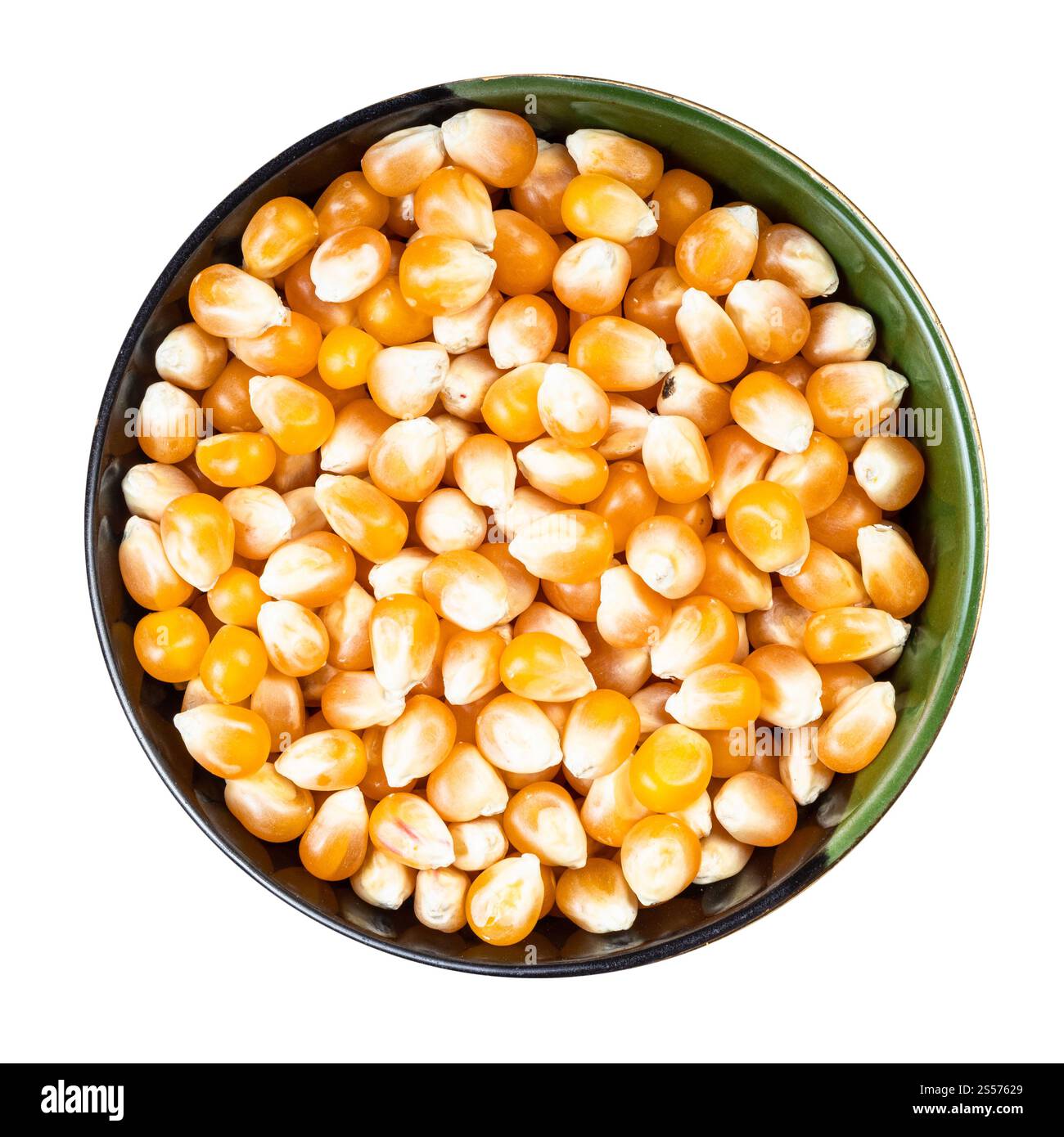 top view of raw maize corns in round bowl isolated on white background ...