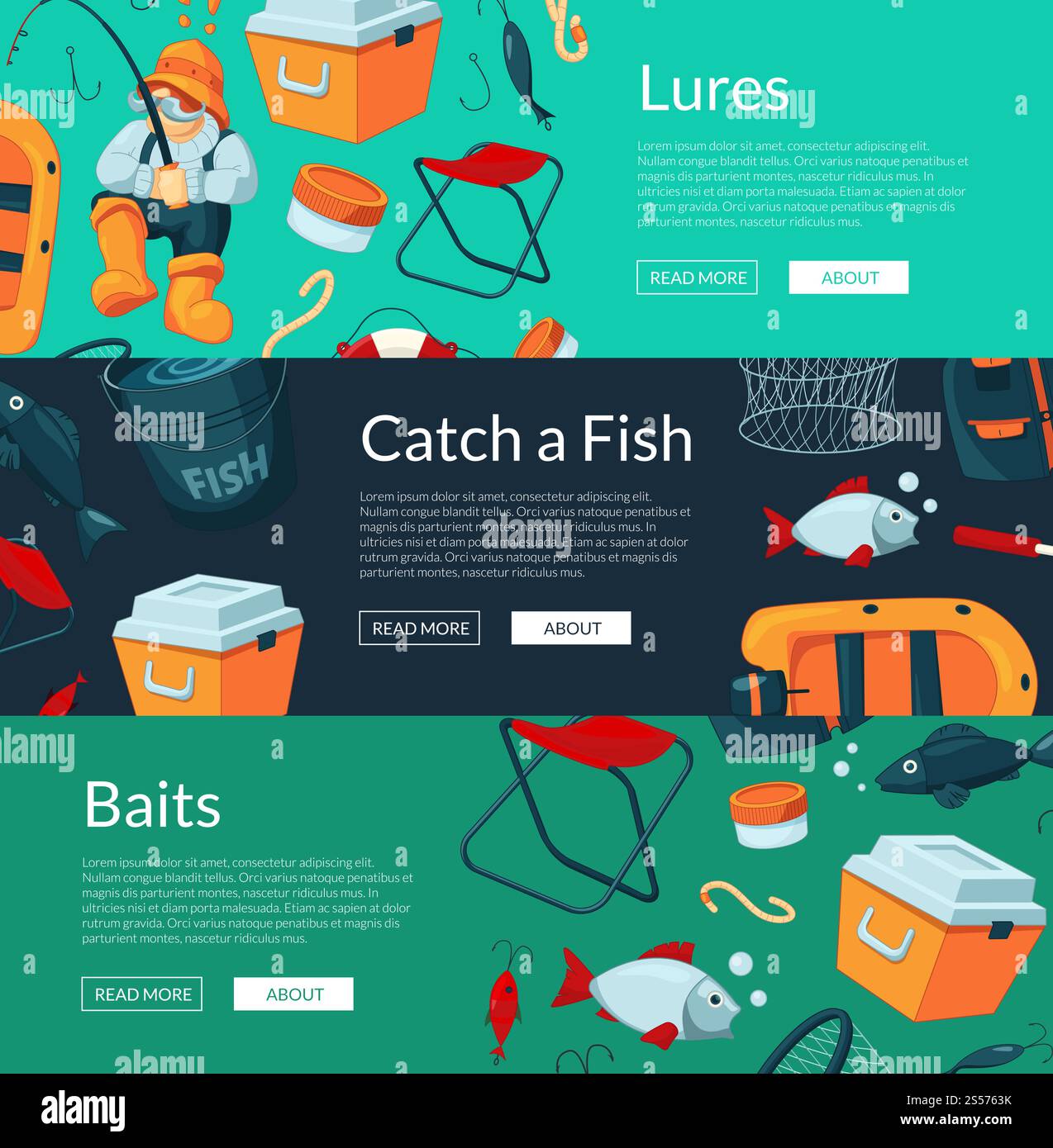 Vector horizontal web banners illustration with cartoon fishing ...