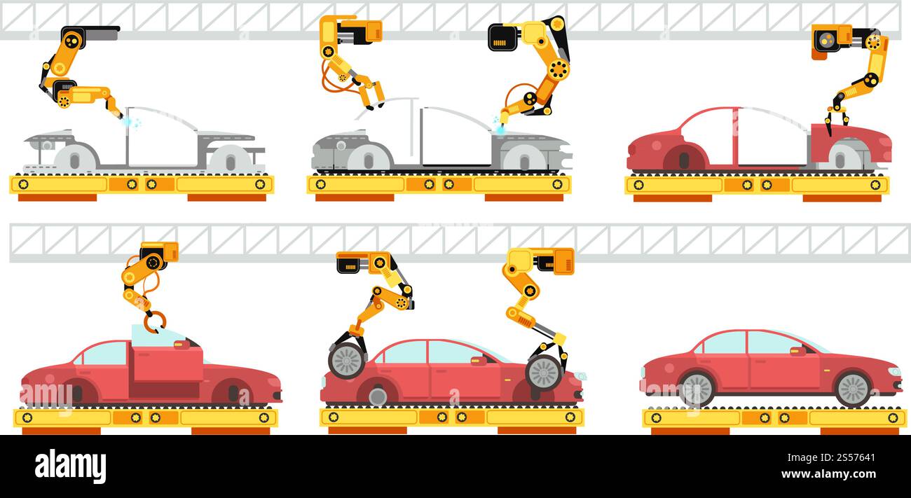 Car factory. Robotic automotive assembly line with automobiles ...