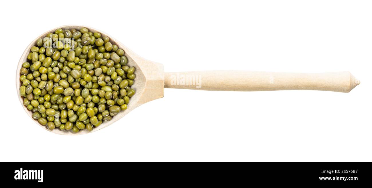 top view of wood spoon with green mung bean isolated on white ...